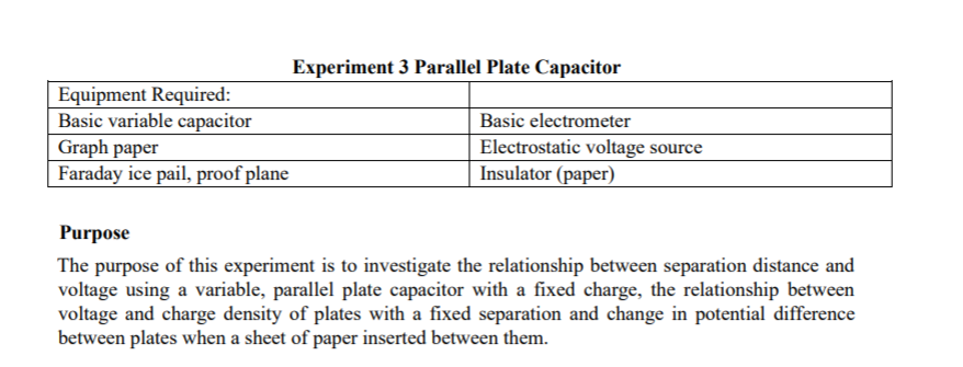 Solved Experiment 3 Parallel Plate Capacitor Equipment | Chegg.com