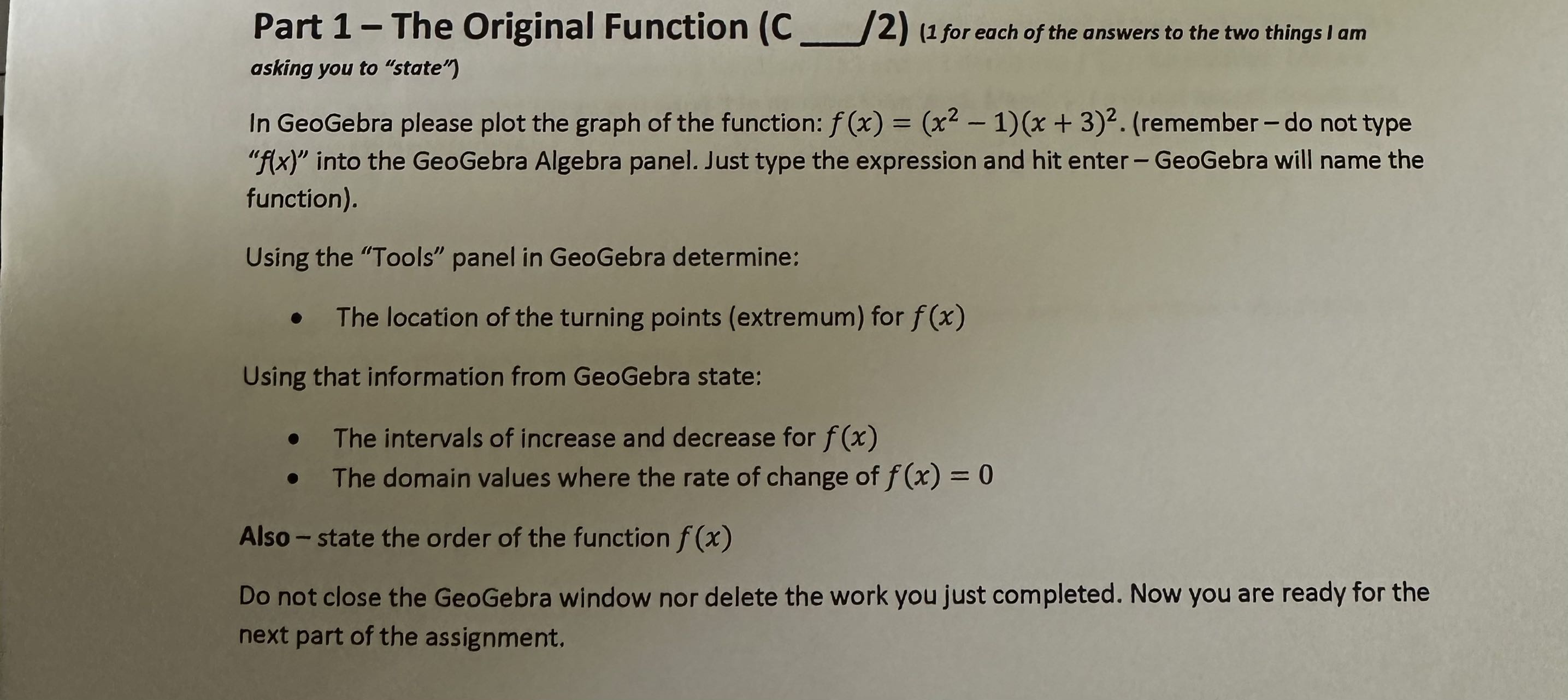 Solved Part 1 - The Original Function (C 2) (1 for each of | Chegg.com
