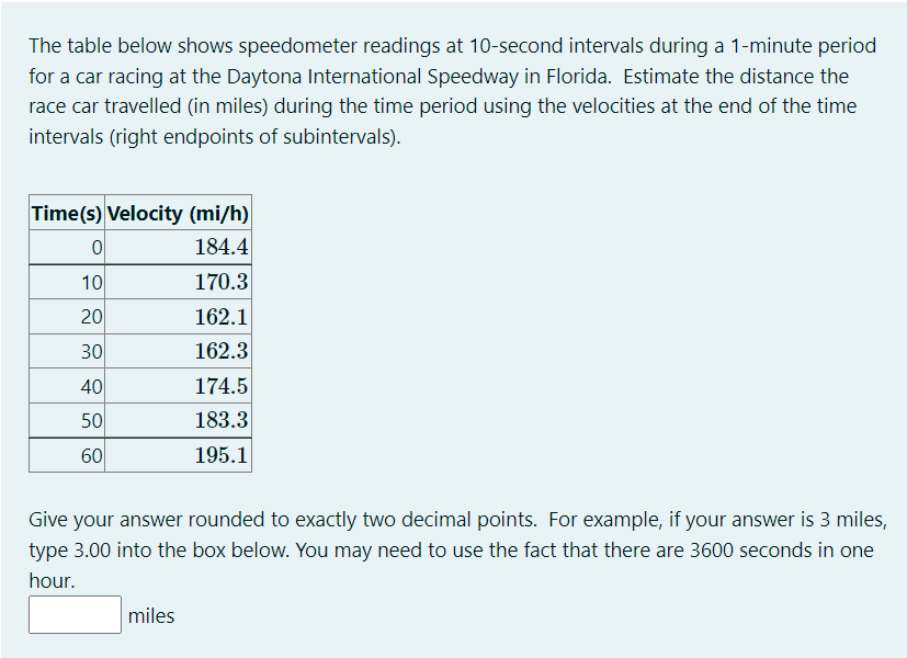Solved The table below shows speedometer readings at | Chegg.com