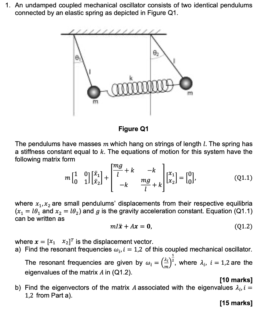 Solved 1. An undamped coupled mechanical oscillator consists | Chegg.com