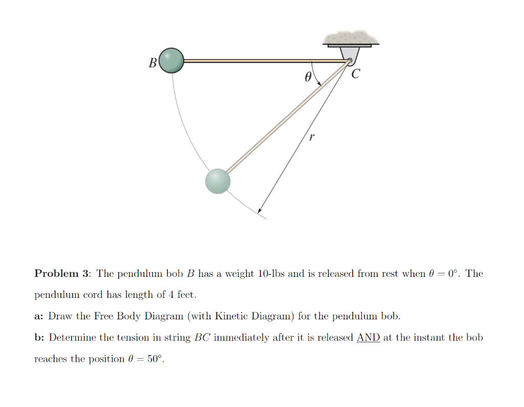 Solved Problem 3: The pendulum bob B has a weight 10 -lbs | Chegg.com