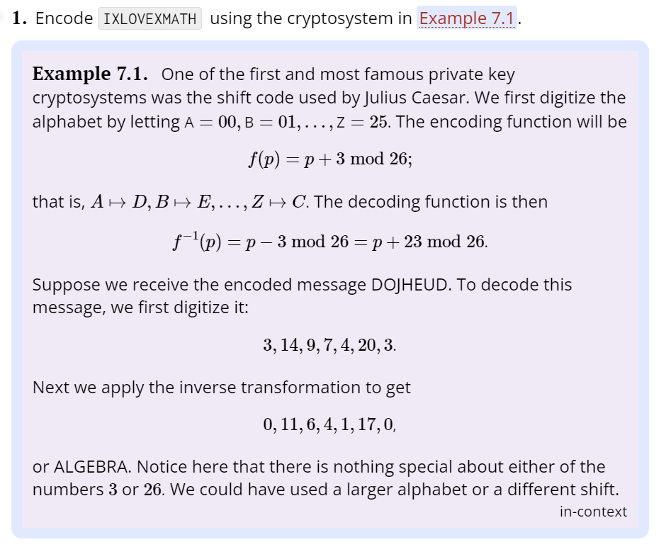 Solved 1. Encode IXLOVEXMATH using the cryptosystem in | Chegg.com