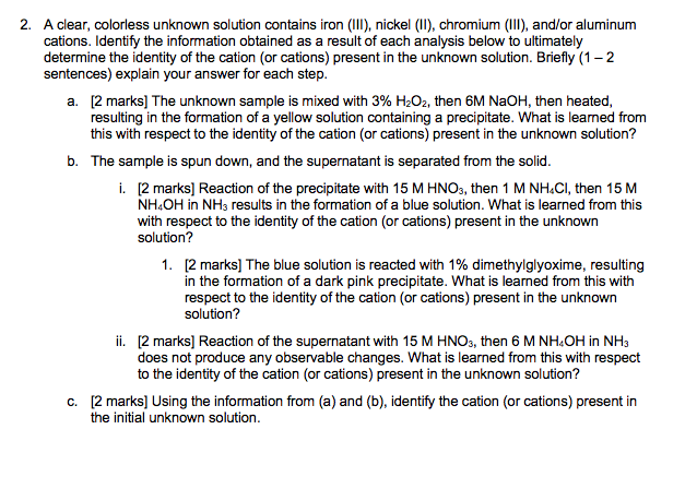 Solved 2. A clear, colorless unknown solution contains iron | Chegg.com