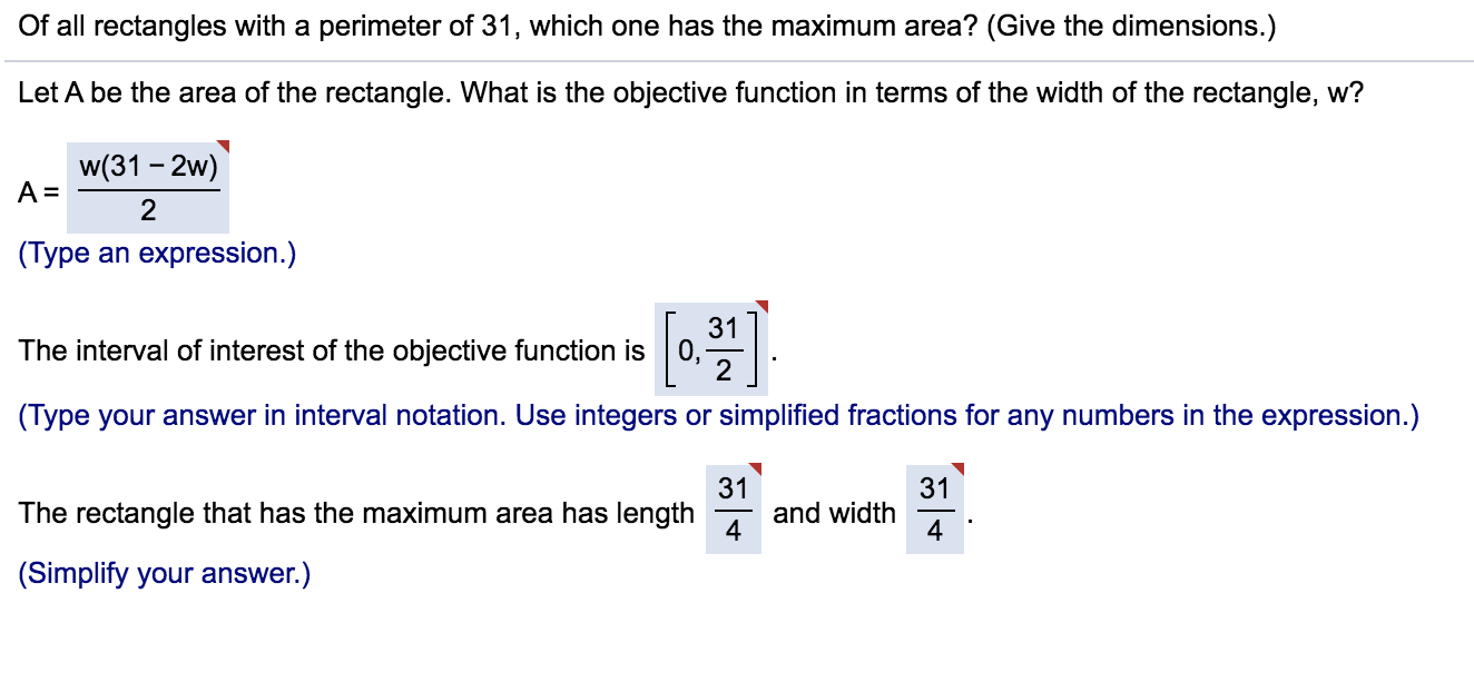 Solved Of all rectangles with a perimeter of 31, which one | Chegg.com