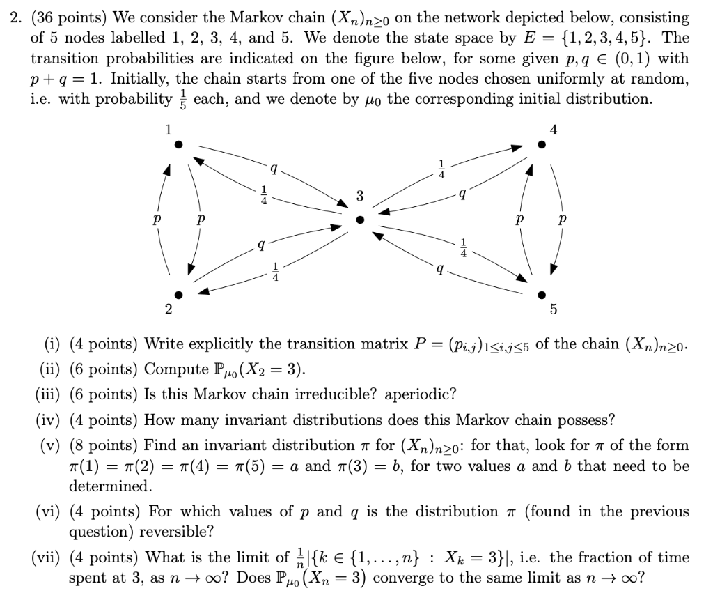 Solved 2. (36 points) We consider the Markov chain (Xn)n>0 | Chegg.com