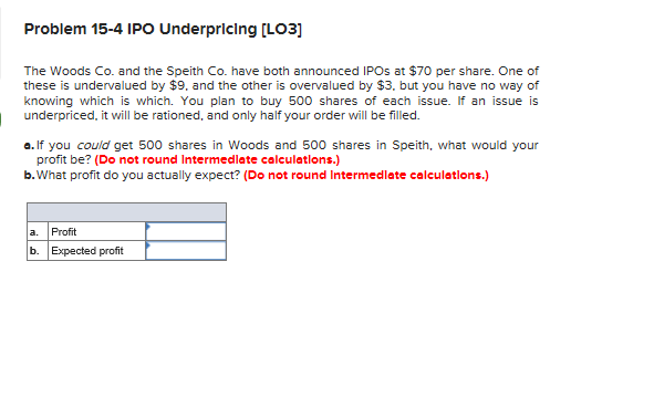 Solved Problem 15-4 IPO Underpricing [LO3] The Woods Co. and | Chegg.com