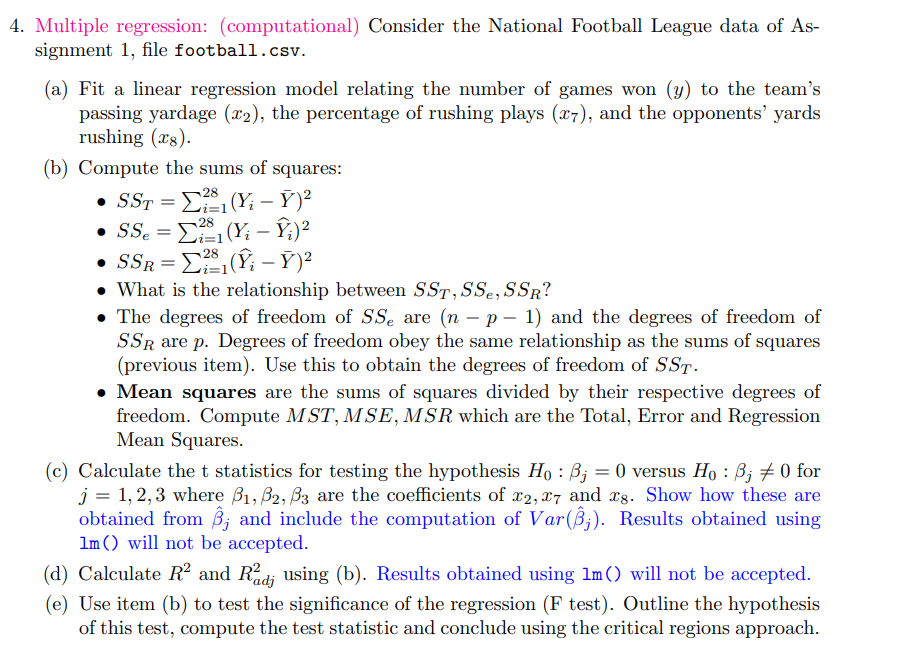 Solved Multiple regression: (computational) Consider the | Chegg.com