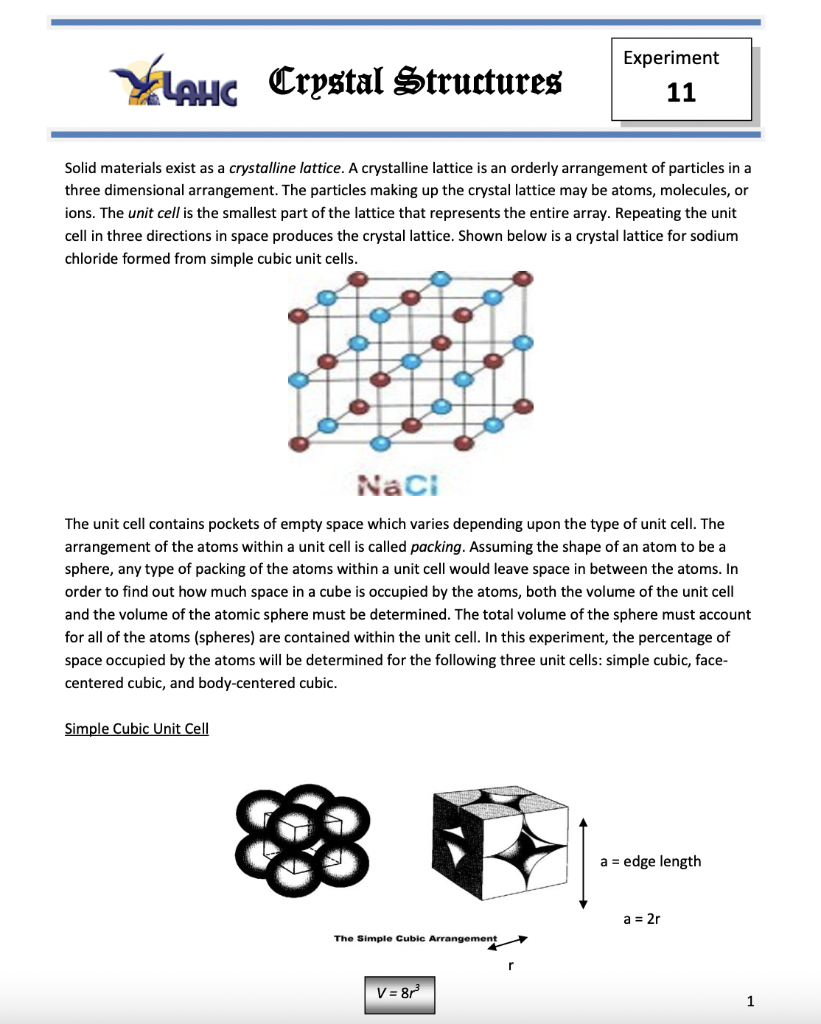 Solved Ylanc Crystal Structures Experiment 11 Solid | Chegg.com