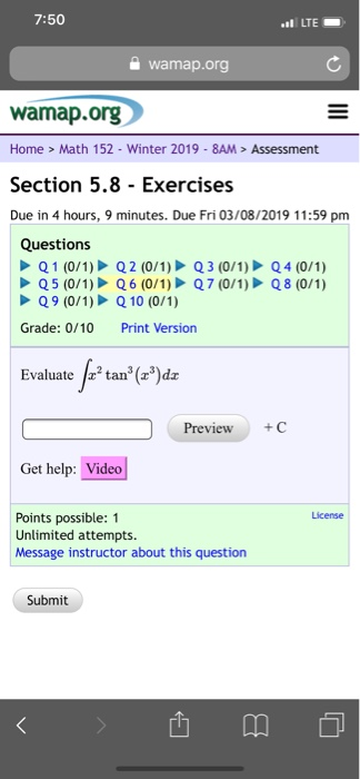 Solved 7:50 LTE a wamap.org wamap.org Home> Math 152- Winter | Chegg.com