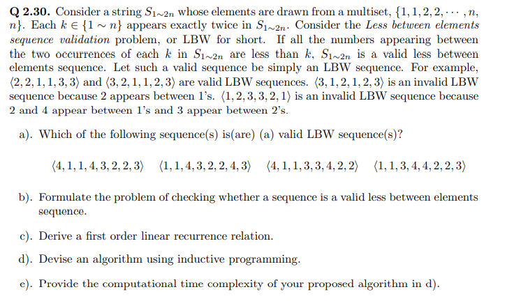 Solved Q 2.30. Consider a string S1∼2n whose elements are | Chegg.com