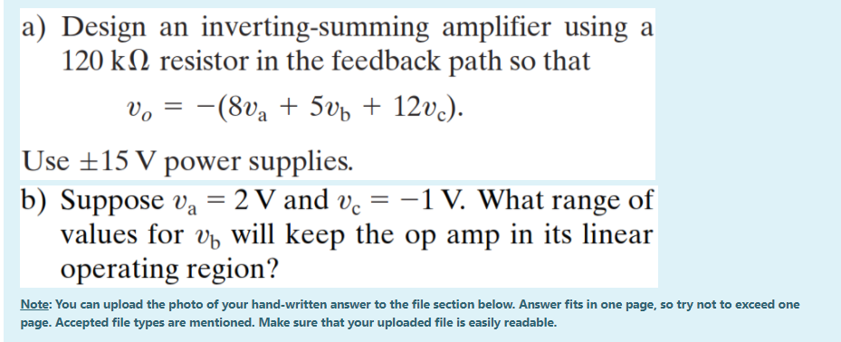 Solved a) Design an inverting-summing amplifier using a 120 | Chegg.com