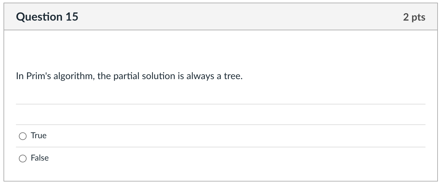 Solved Question 15 2 pts In Prim's algorithm, the partial | Chegg.com