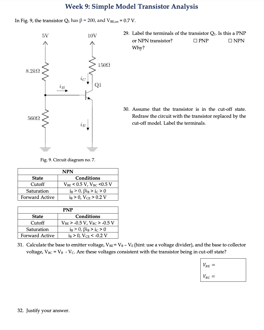 Solved Week 9: Simple Model Transistor Analysis In Fig. 9, | Chegg.com