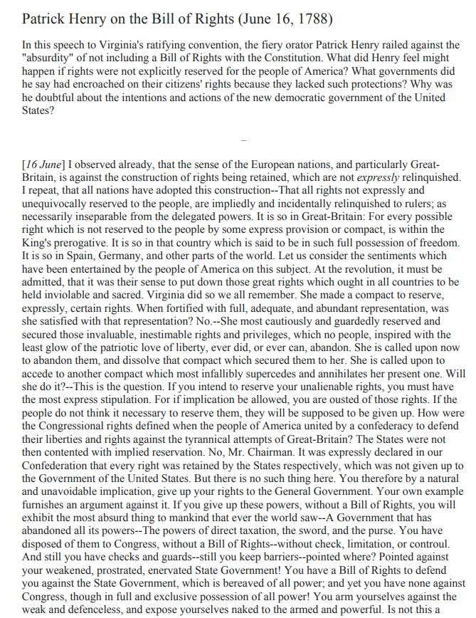 Patrick Henry on the Bill of Rights (June 16, 1788) | Chegg.com