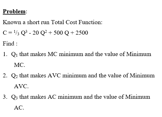 Solved Problem: Known a short run Total Cost Function: C = | Chegg.com