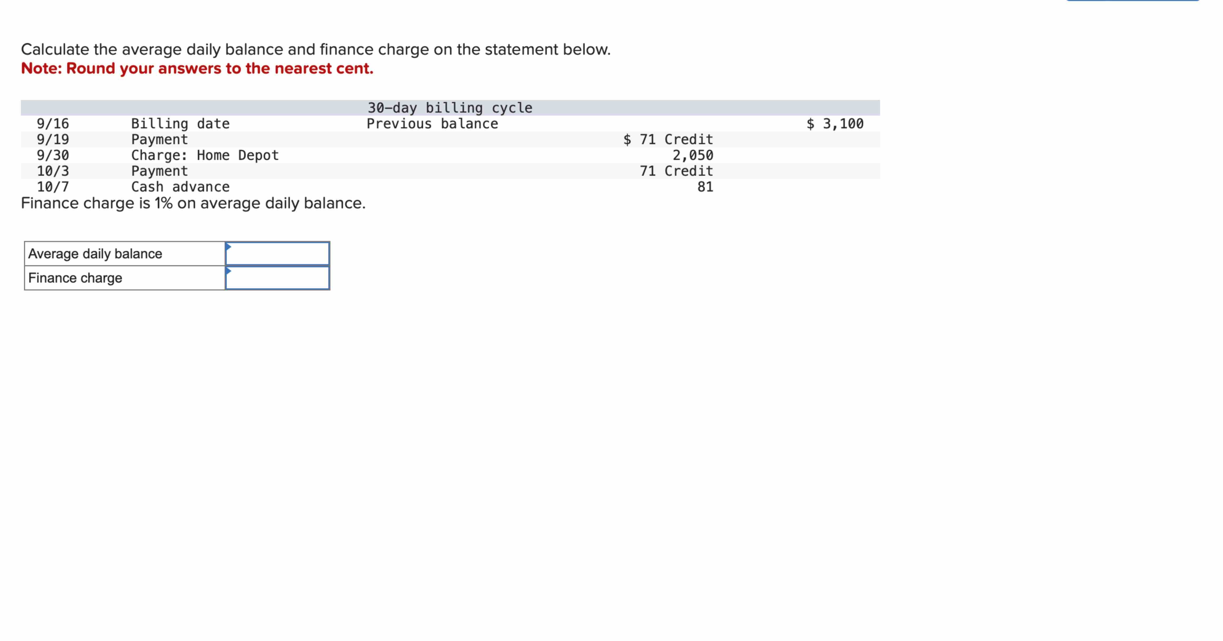 Solved Calculate the average daily balance and finance | Chegg.com