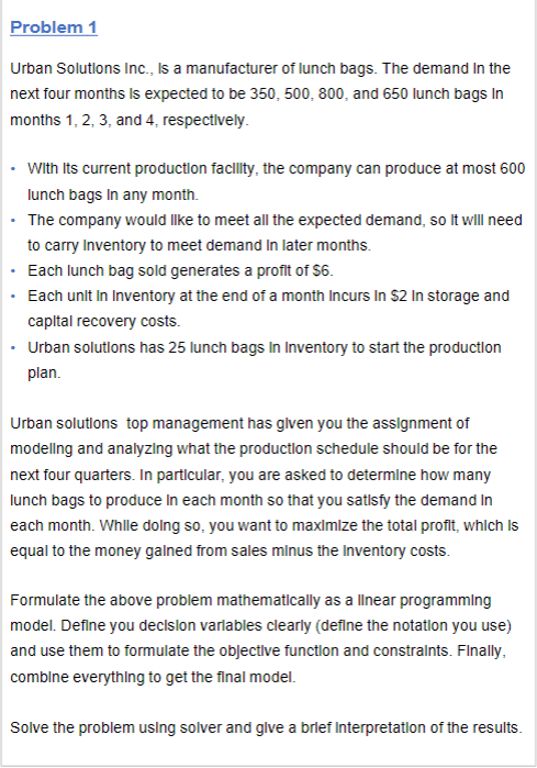 Solved Problem 1 Urban Solutions Inc., Is a manufacturer of | Chegg.com