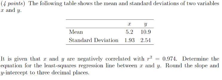 Solved (4 points) The following table shows the mean and | Chegg.com