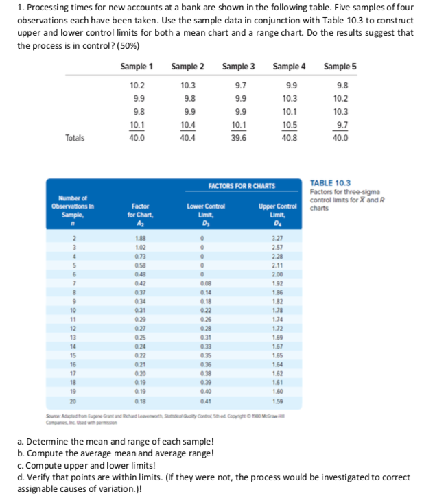 Solved 1. Processing times for new accounts at a bank are | Chegg.com