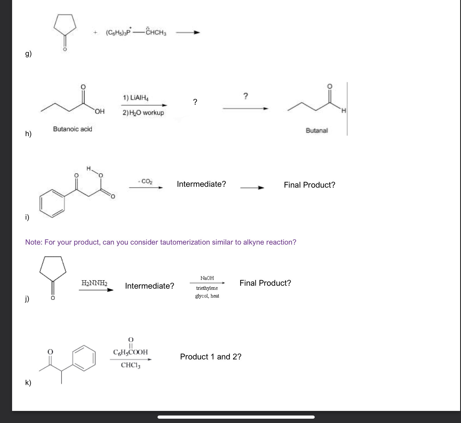 Solved +(C6H5)3P+−CHCH3 g) 1) LiAlH4 H2O workup ? h) | Chegg.com