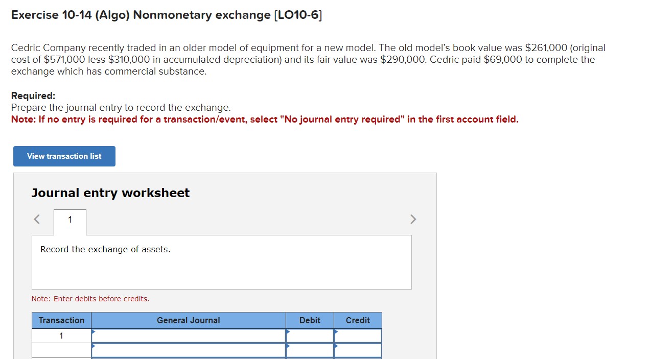 Solved Exercise 10-14 (Algo) Nonmonetary exchange [LO10-6] | Chegg.com