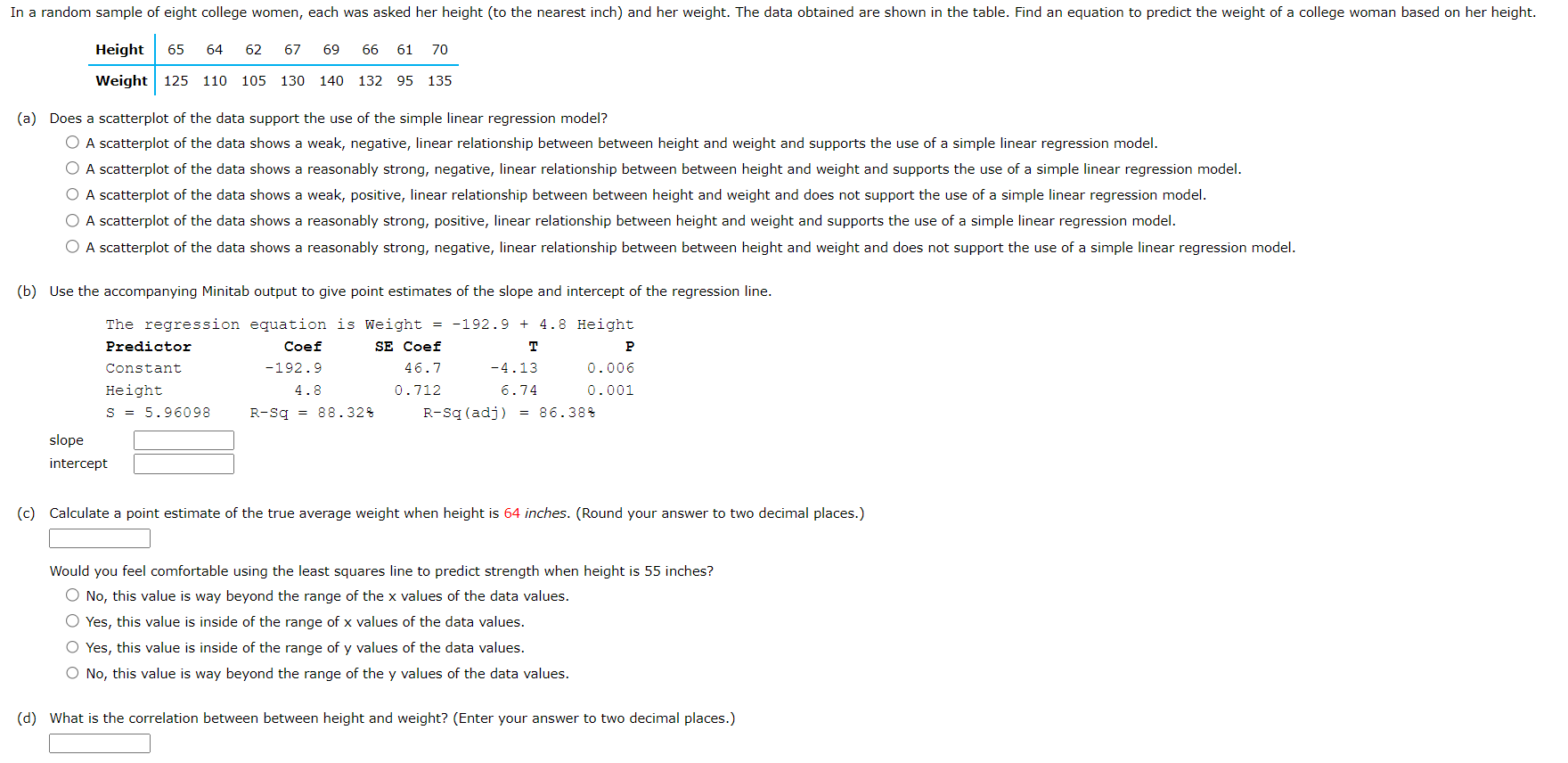 Solved (a) Does a scatterplot of the data support the use of | Chegg.com