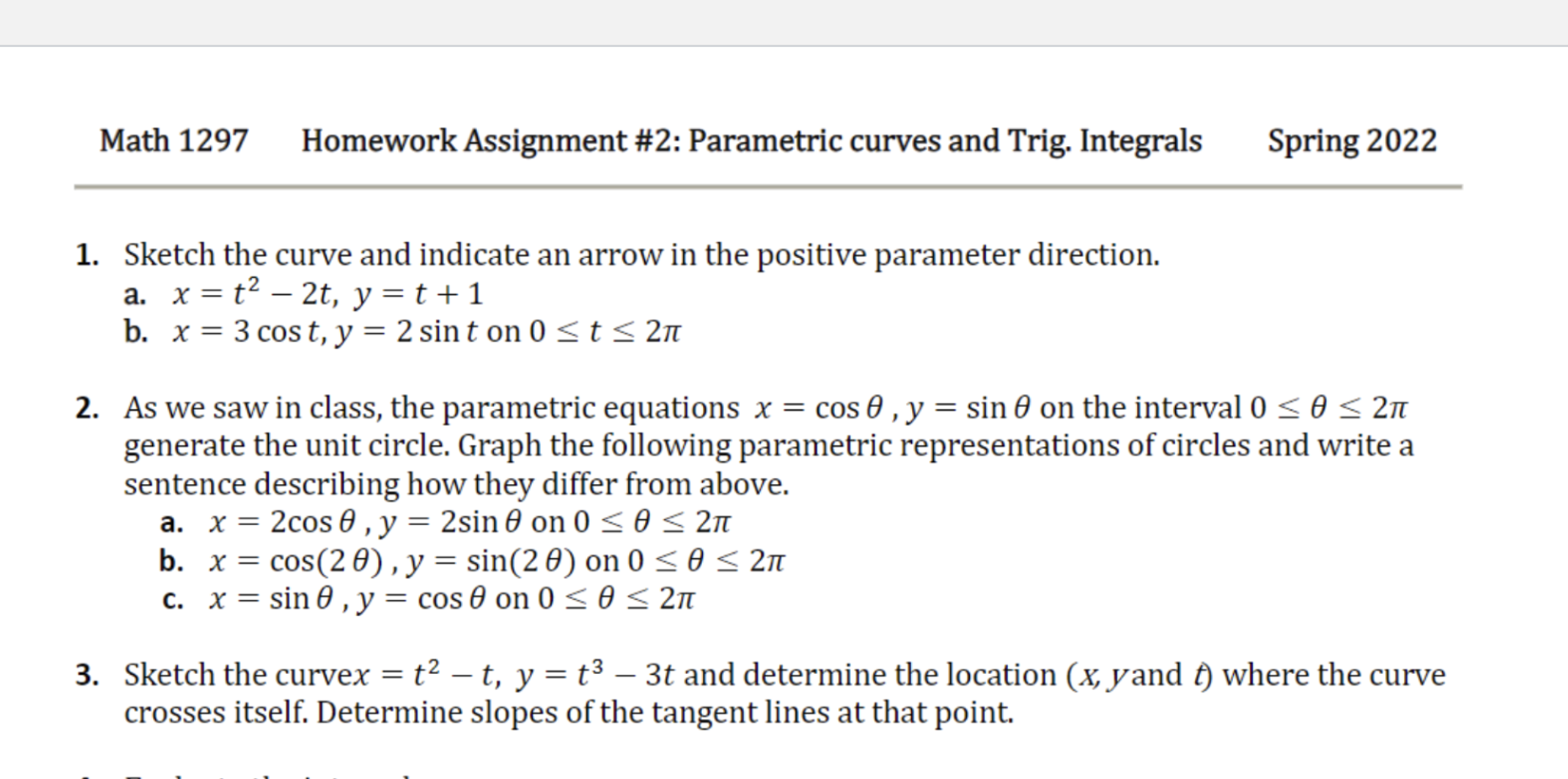 Math 1297 Homework Assignment #2: Parametric curves | Chegg.com