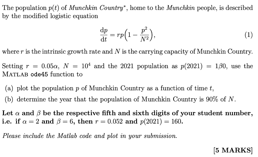 Solved The population p(t) of Munchkin Country*, home to the | Chegg.com
