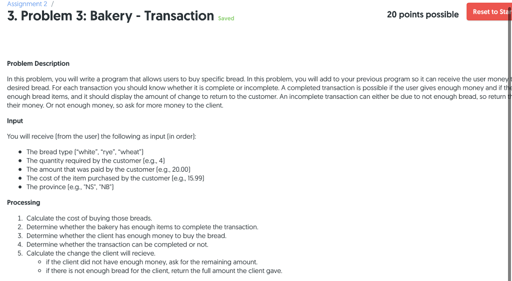 Solved Assignment 2/ Reset to Star 3. Problem 3: Bakery - | Chegg.com