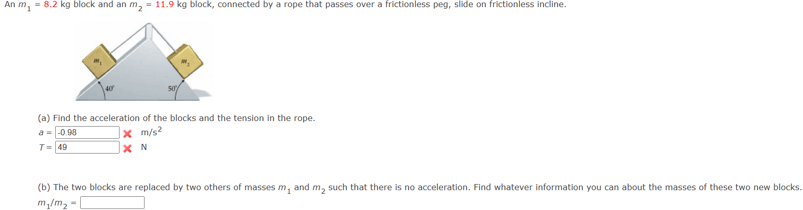 Solved An m1=8.2kg ﻿block and an m2=11.9kg ﻿block, connected | Chegg.com