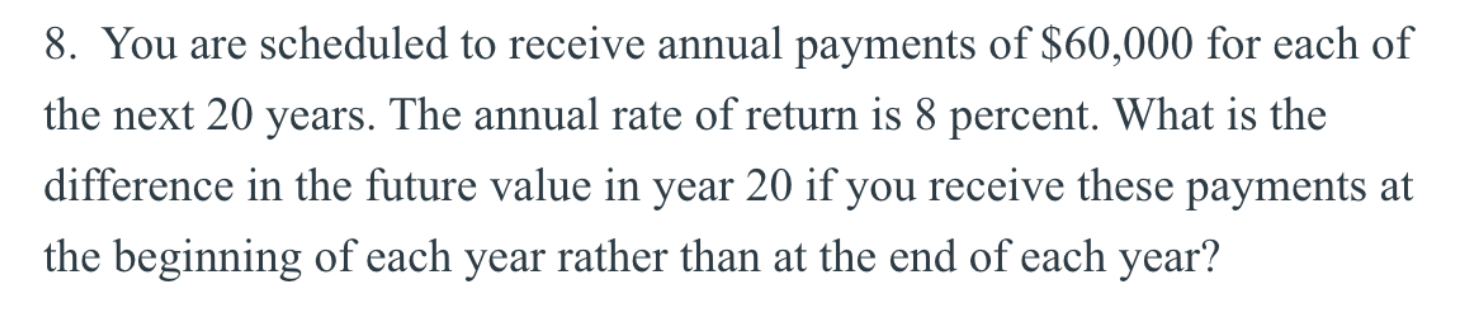 Solved 8. You are scheduled to receive annual payments of | Chegg.com