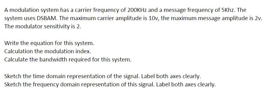 Solved A modulation system has a carrier frequency of 200KHz | Chegg.com