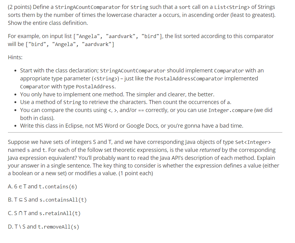 Solved 2 points) Define a stringACountComparator for string | Chegg.com