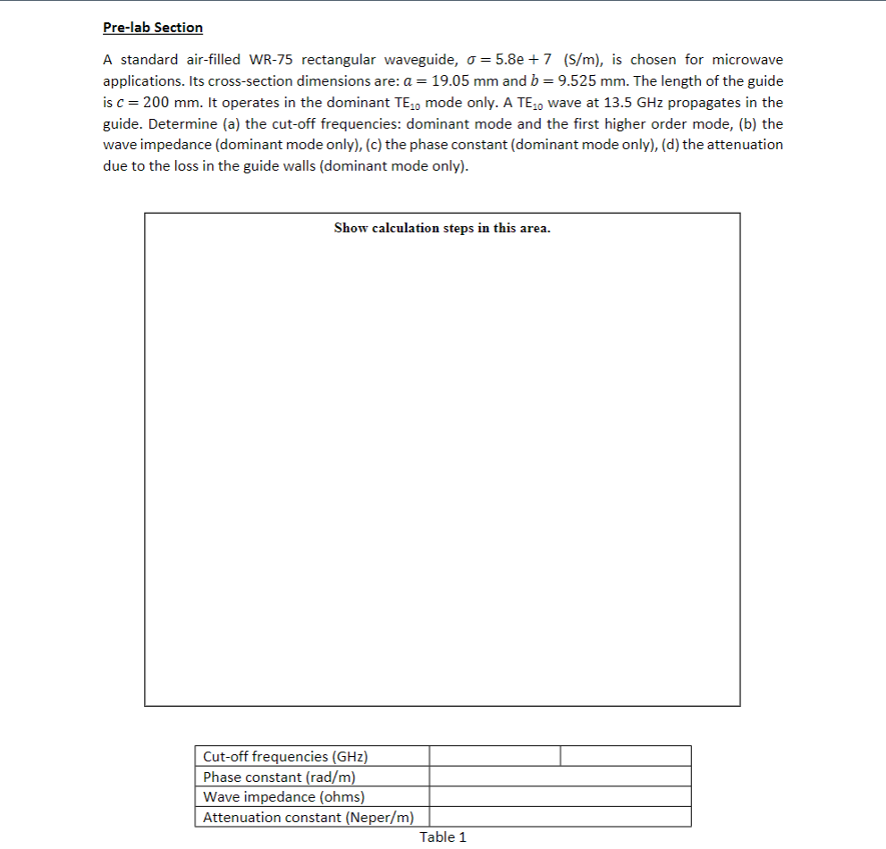 Solved Pre-lab Section A standard air-filled WR-75 | Chegg.com