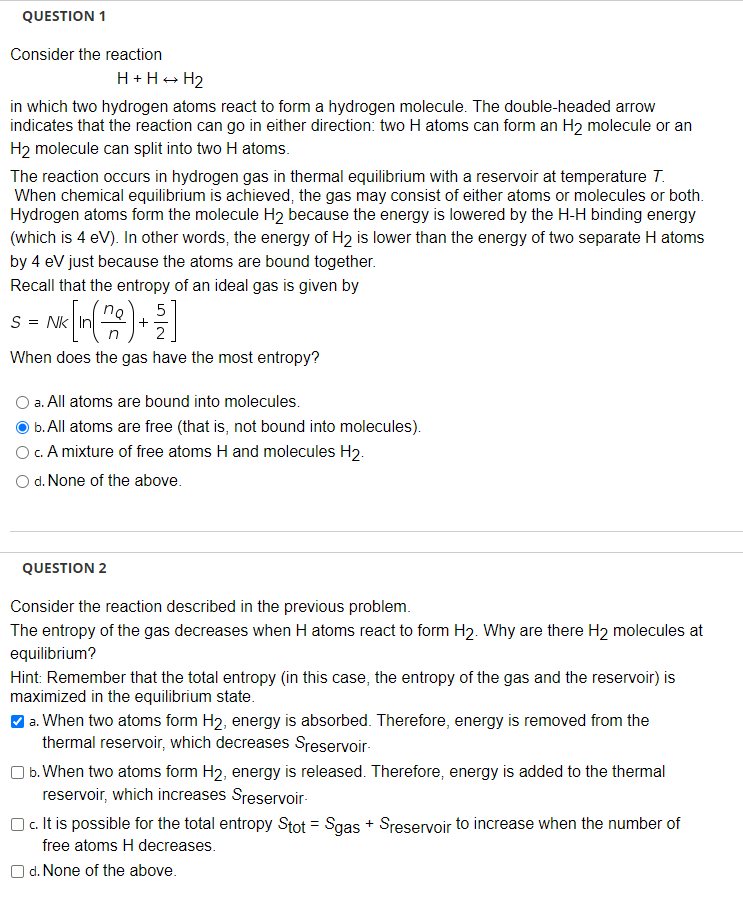 Solved QUESTION 1 Consider the reaction H+H+H2 in which two | Chegg.com