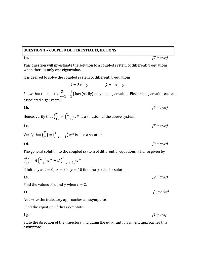 Solved 1c. QUESTION 1 - COUPLED DIFFERENTIAL EQUATIONS 1a. | Chegg.com