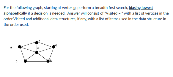 Solved For the following graph, starting at vertex g, | Chegg.com