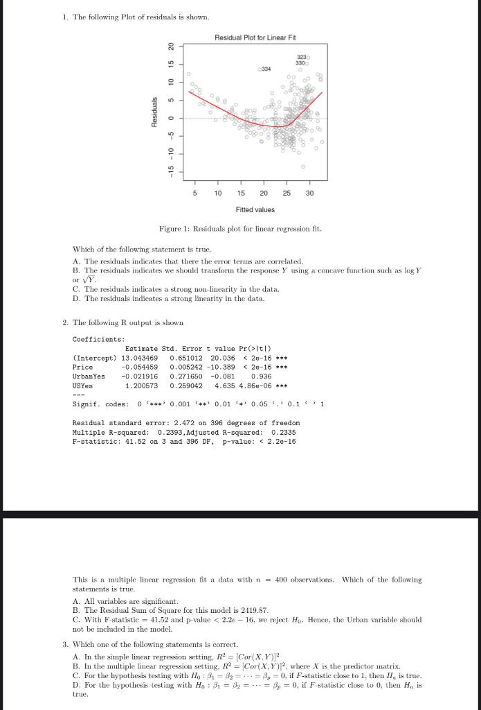 1. The following Plot of residuals is shown. Figure | Chegg.com