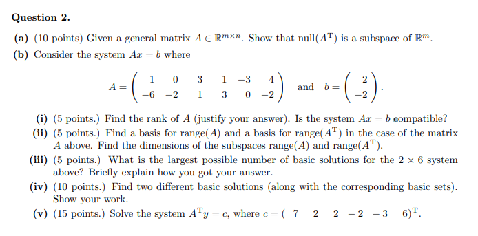 Solved (a) (10 points) Given a general matrix A∈Rm×n. Show | Chegg.com