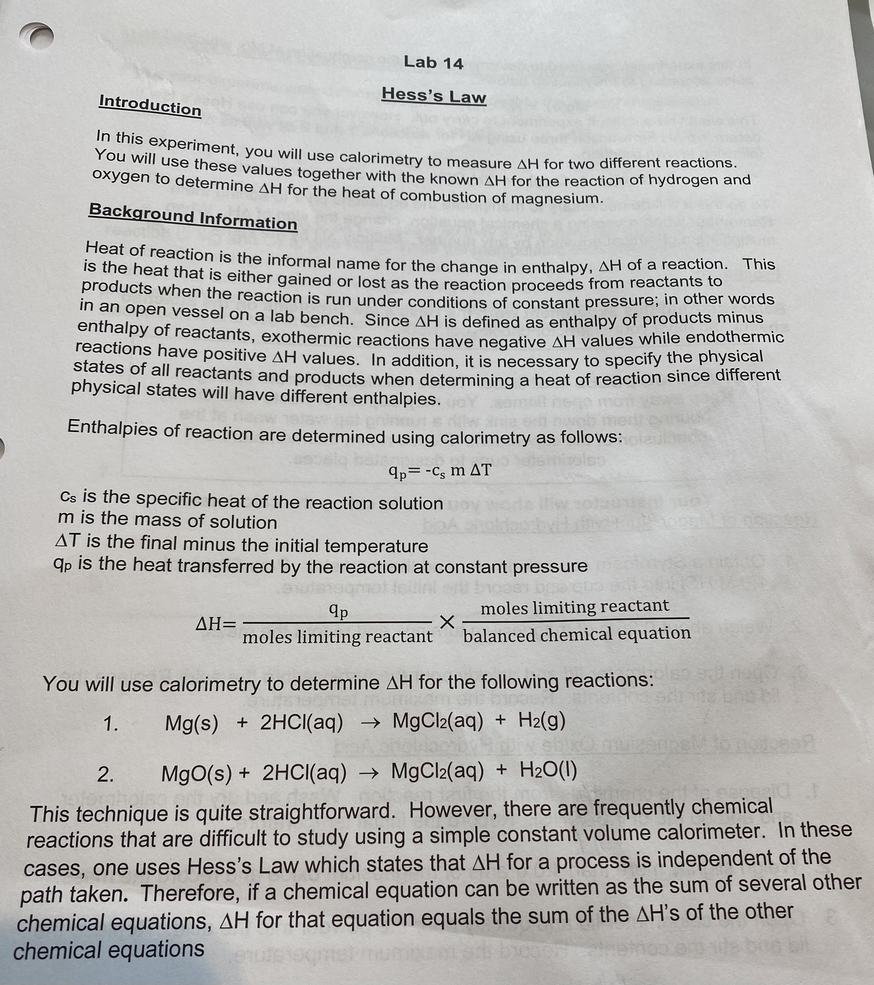 Solved Introduction Hess's Law In this experiment, you will | Chegg.com