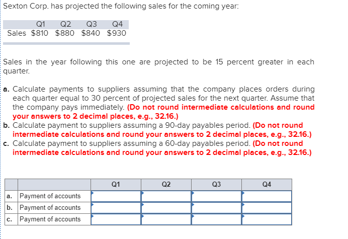 Solved Sexton Corp. has projected the following sales for | Chegg.com