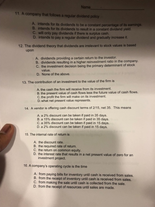 Solved Name 11. A company that follows a regular dividend | Chegg.com