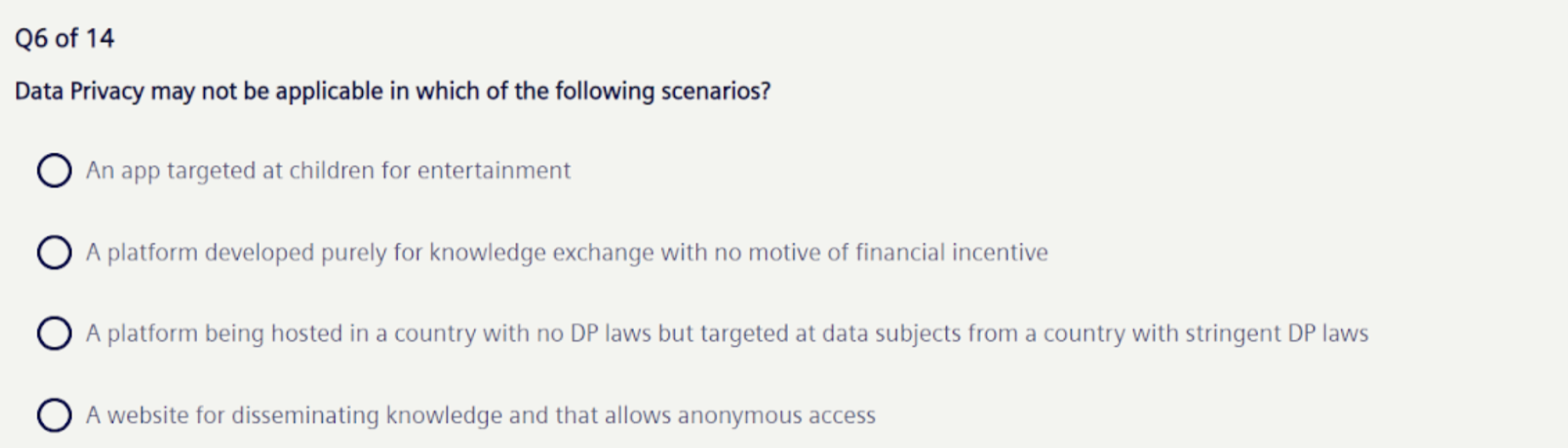 Solved Q6 of 14 Data Privacy may not be applicable in which | Chegg.com