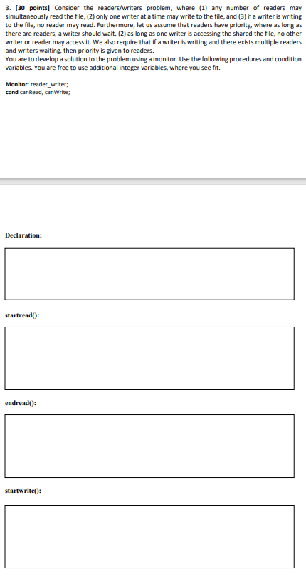 Solved 3. [30 points] Consider the readers/writers problem, | Chegg.com