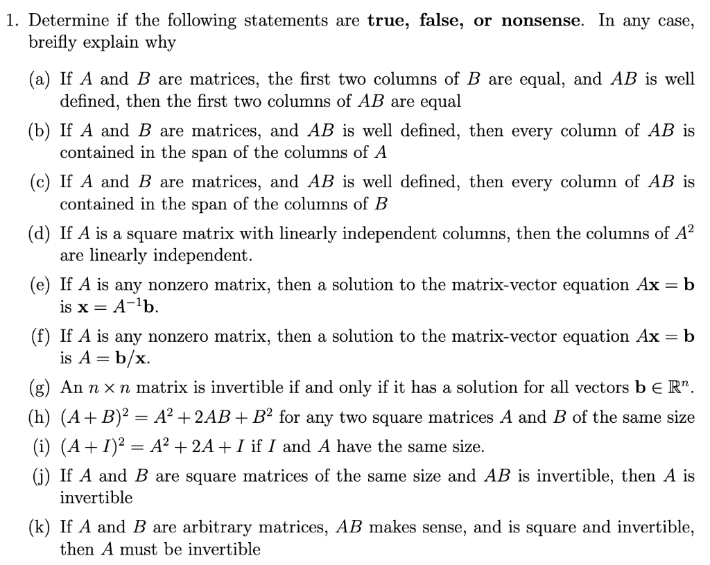 Solved breifly explain why (a) If A and B are matrices, the | Chegg.com