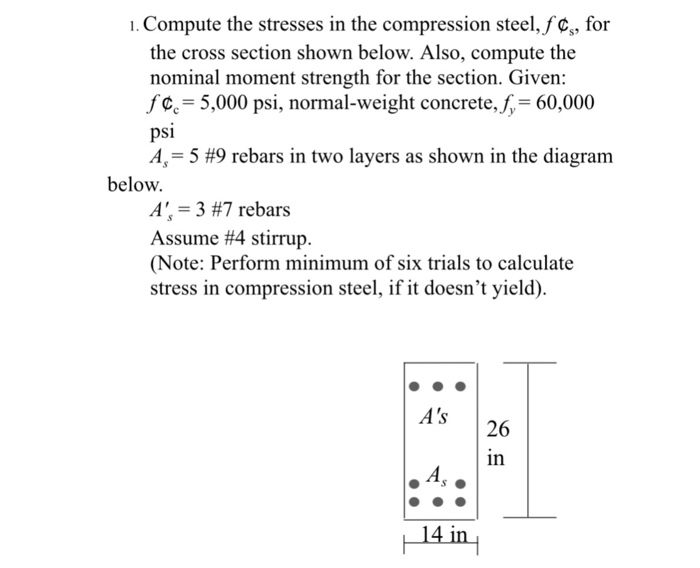 Solved 1. Compute the stresses in the compression steel,fc, | Chegg.com