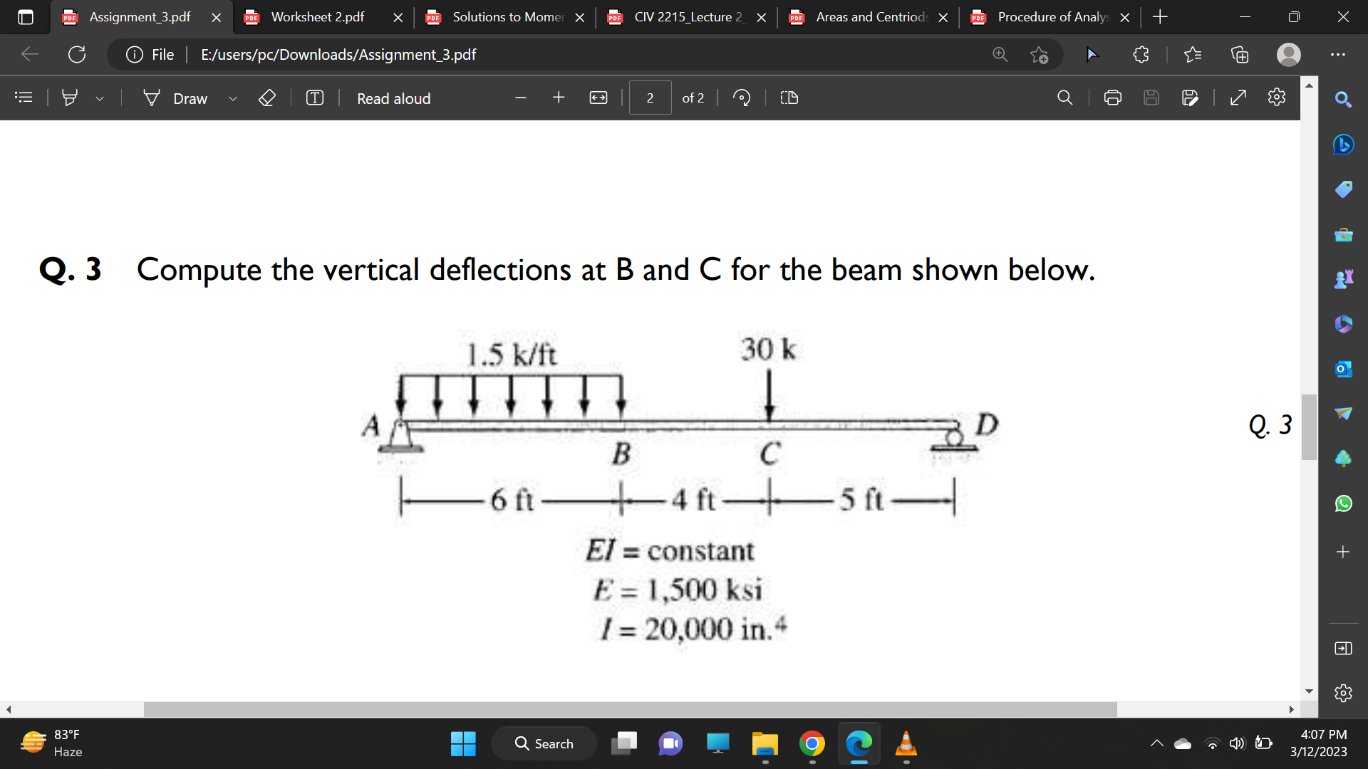 Solved 2. 3 Compute the vertical deflections at B and C for | Chegg.com
