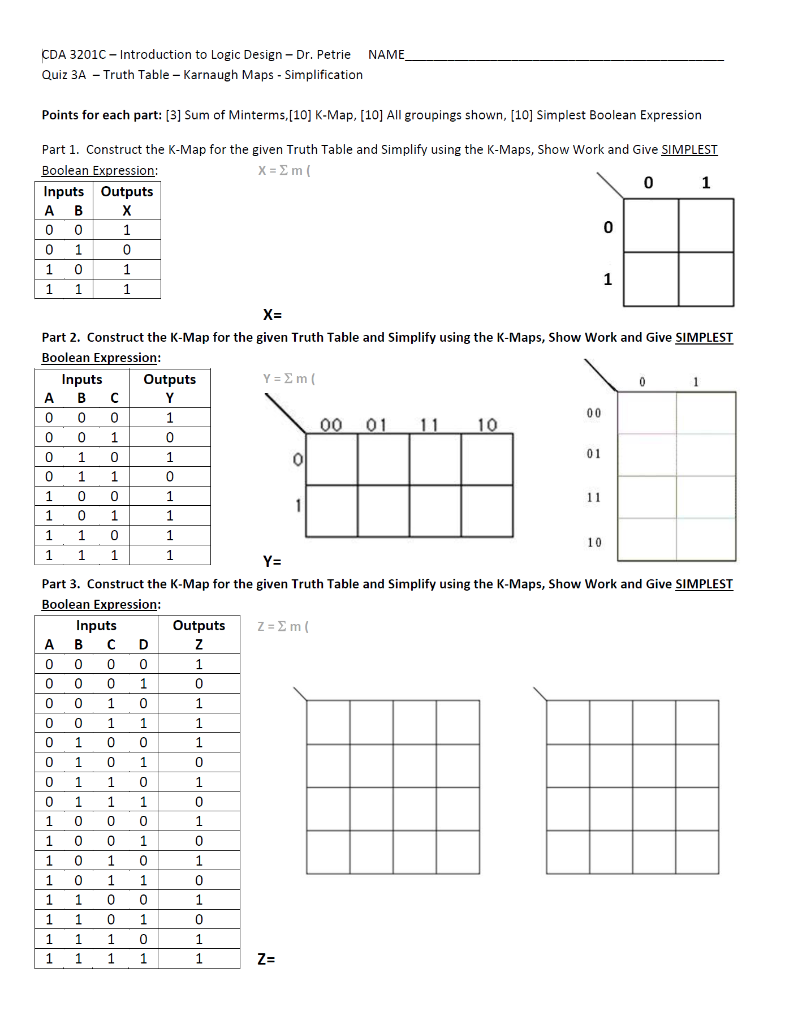 Solved Quiz 3 A - Truth Table - Karnaugh Maps - | Chegg.com
