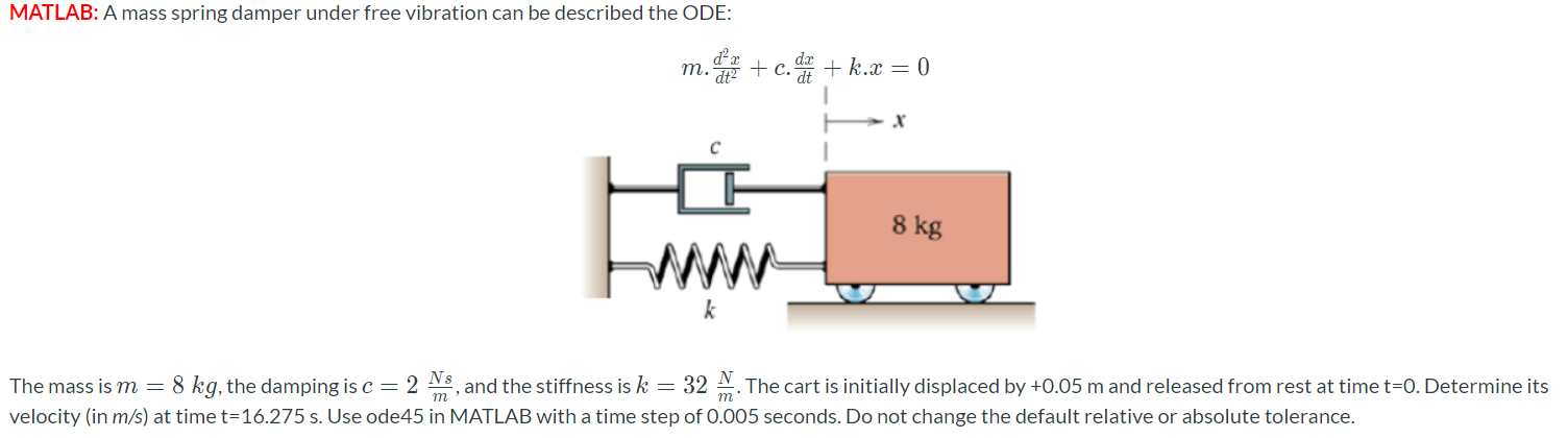 Solved MATLAB: A mass spring damper under free vibration can | Chegg.com