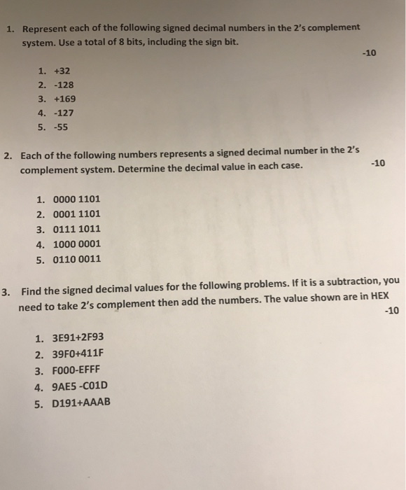Solved Represent Each Of The Following Signed Decimal Chegg